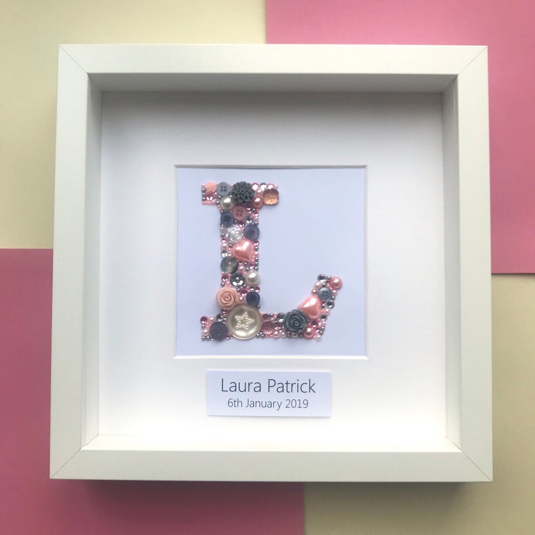 Personalised Initial Letter Button Art Frame, Monogram Children’s Wall ...