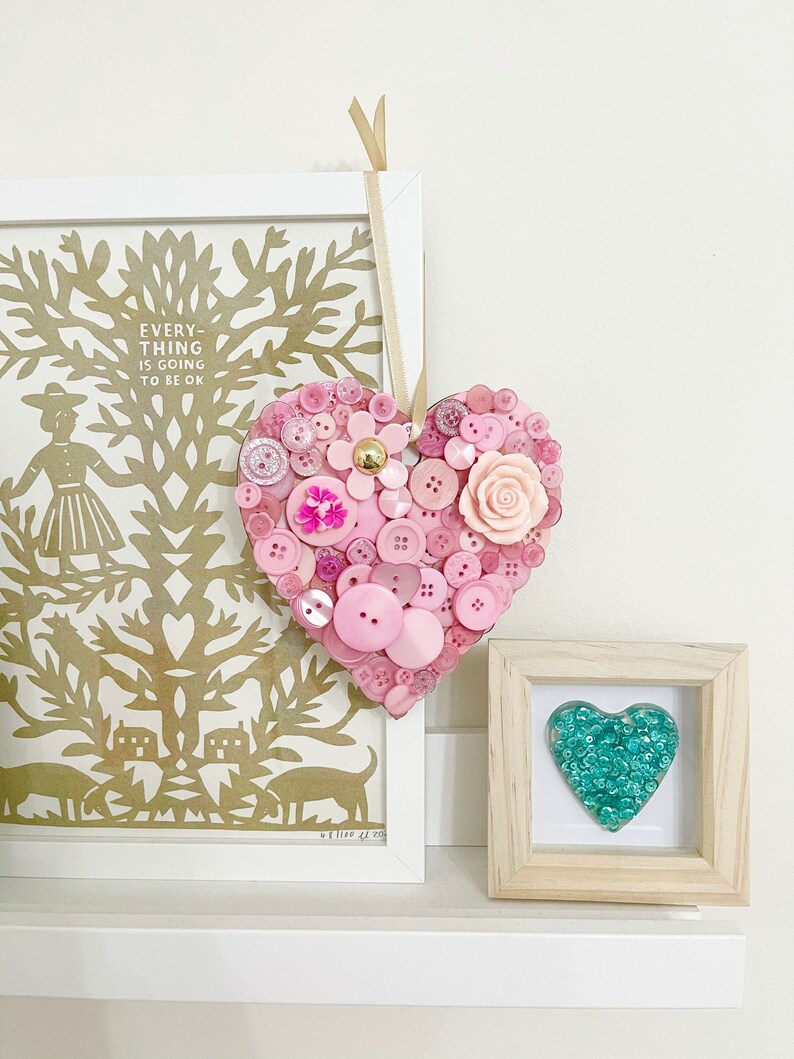 Mother's Day Gift, Pink Hanging Heart Button Art, Shabby Chic Heart ...