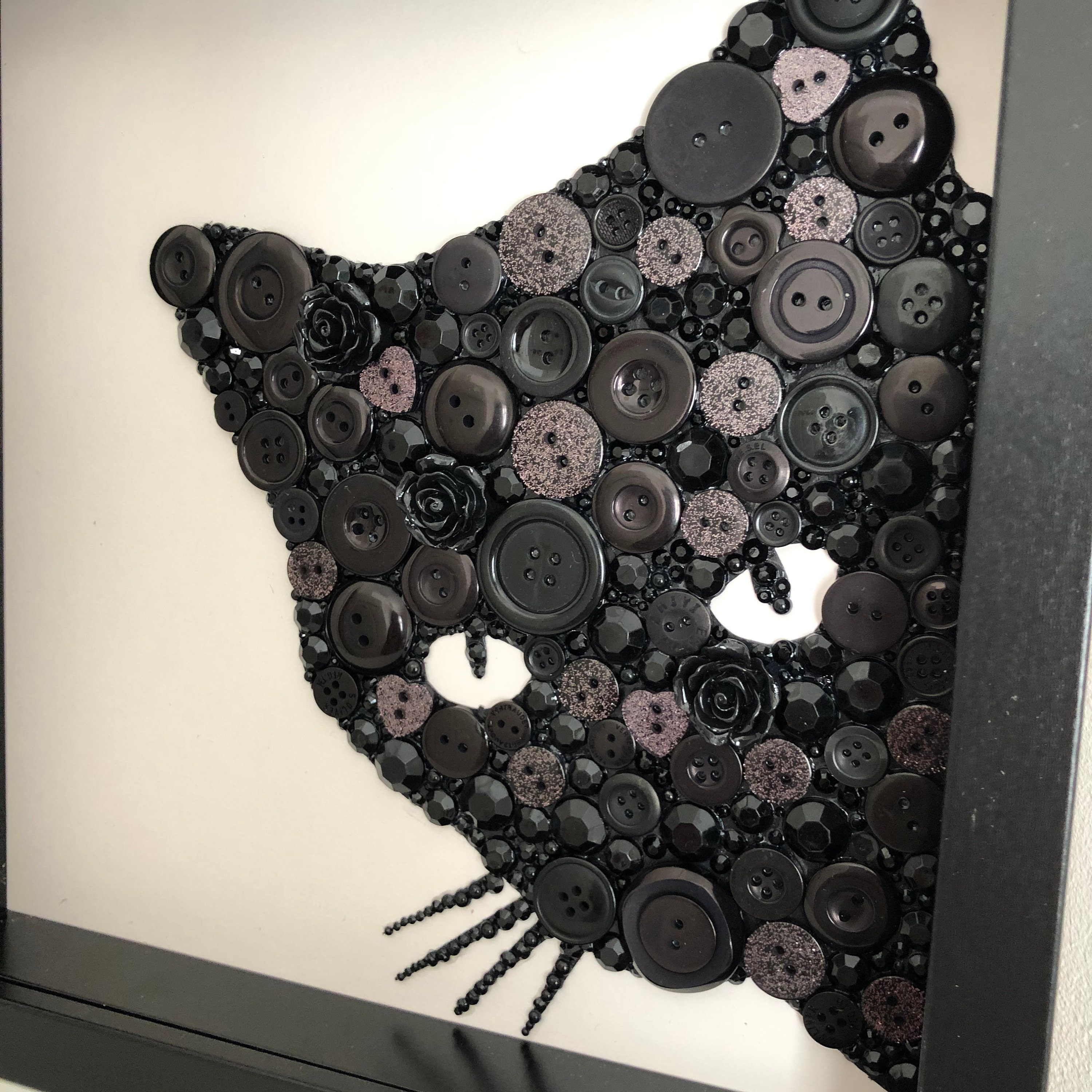 Black Cat Button Art, Framed Cat Picture, Peeping Cat Wall Art, Cat ...