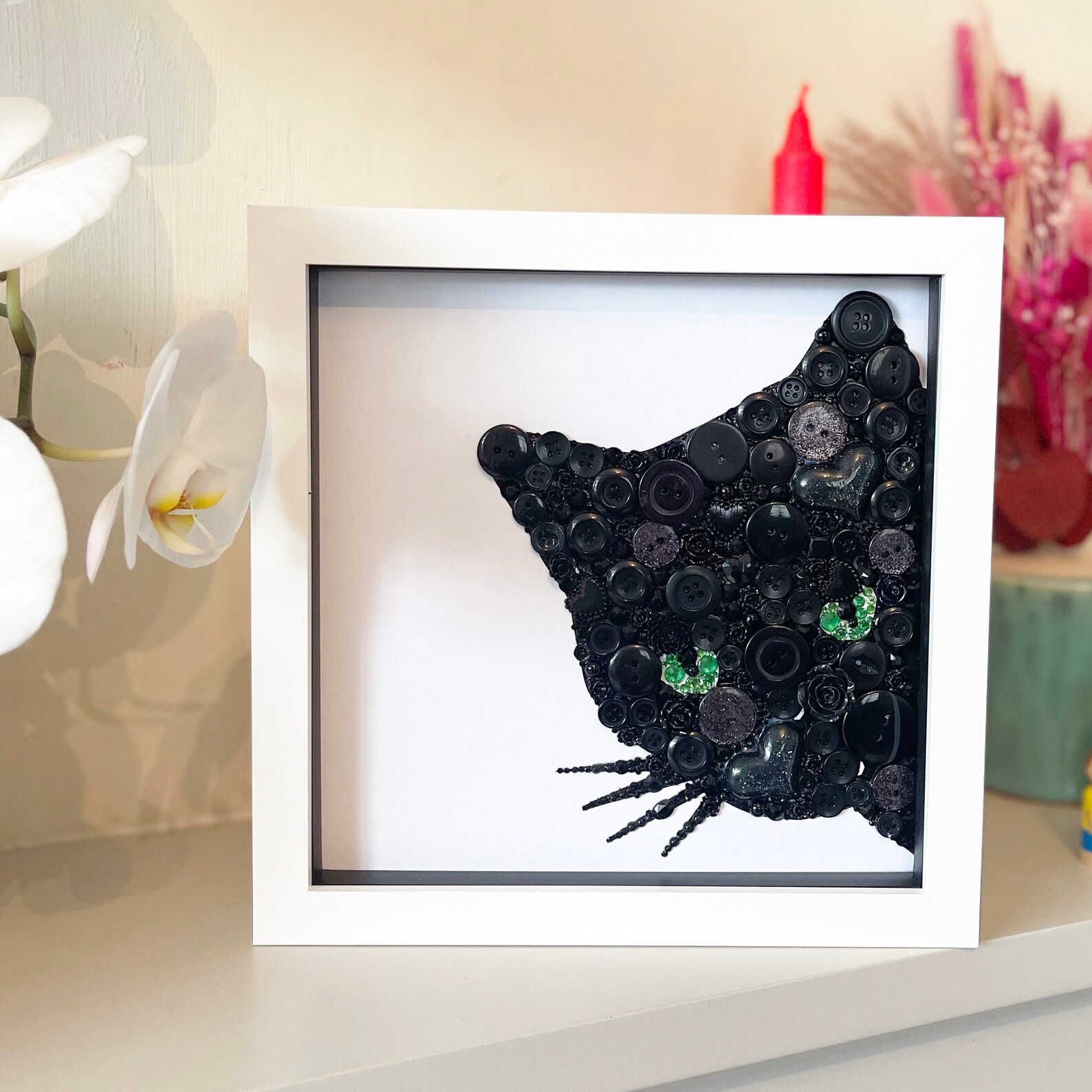 Black Cat Button Art, Framed Cat Picture, Peeping Cat Wall Art, Cat ...