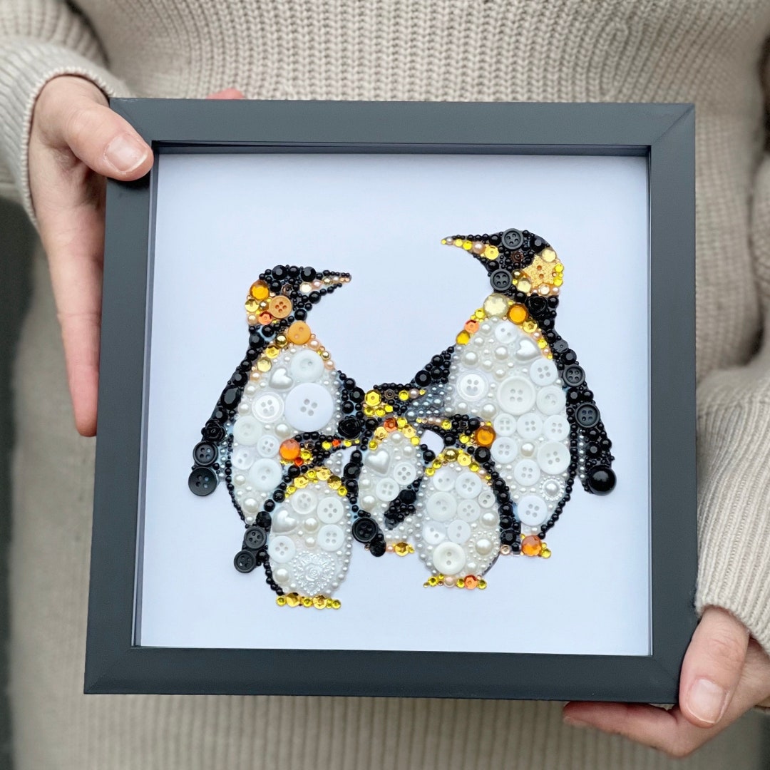 Framed Penguin Family Button Art, Framed Penguin Picture, Handmade ...