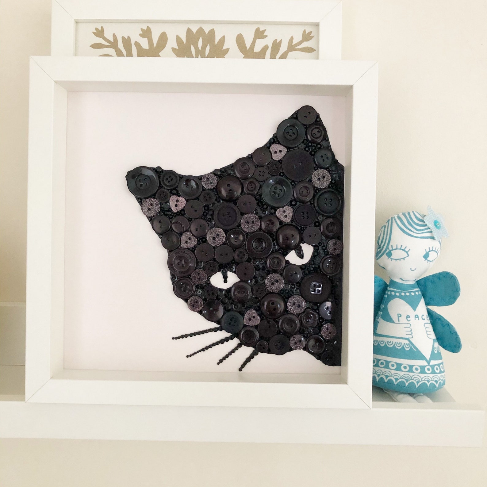 Black Cat Button Art, Framed Cat Picture, Peeping Cat Wall Art, Cat ...