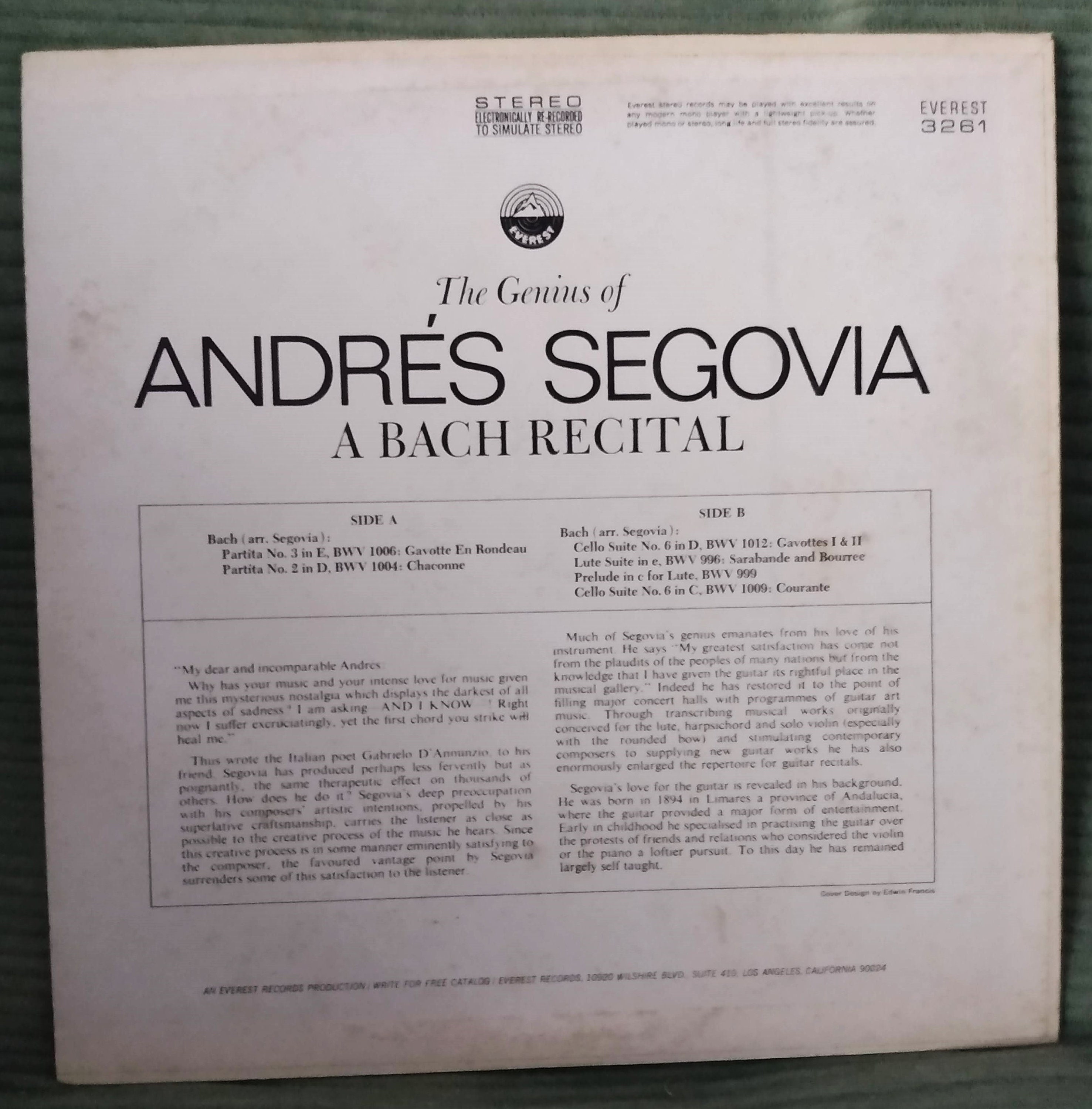 The Genius of Andres Segovia A Bach Recital Vinyl Record. Vintage ...