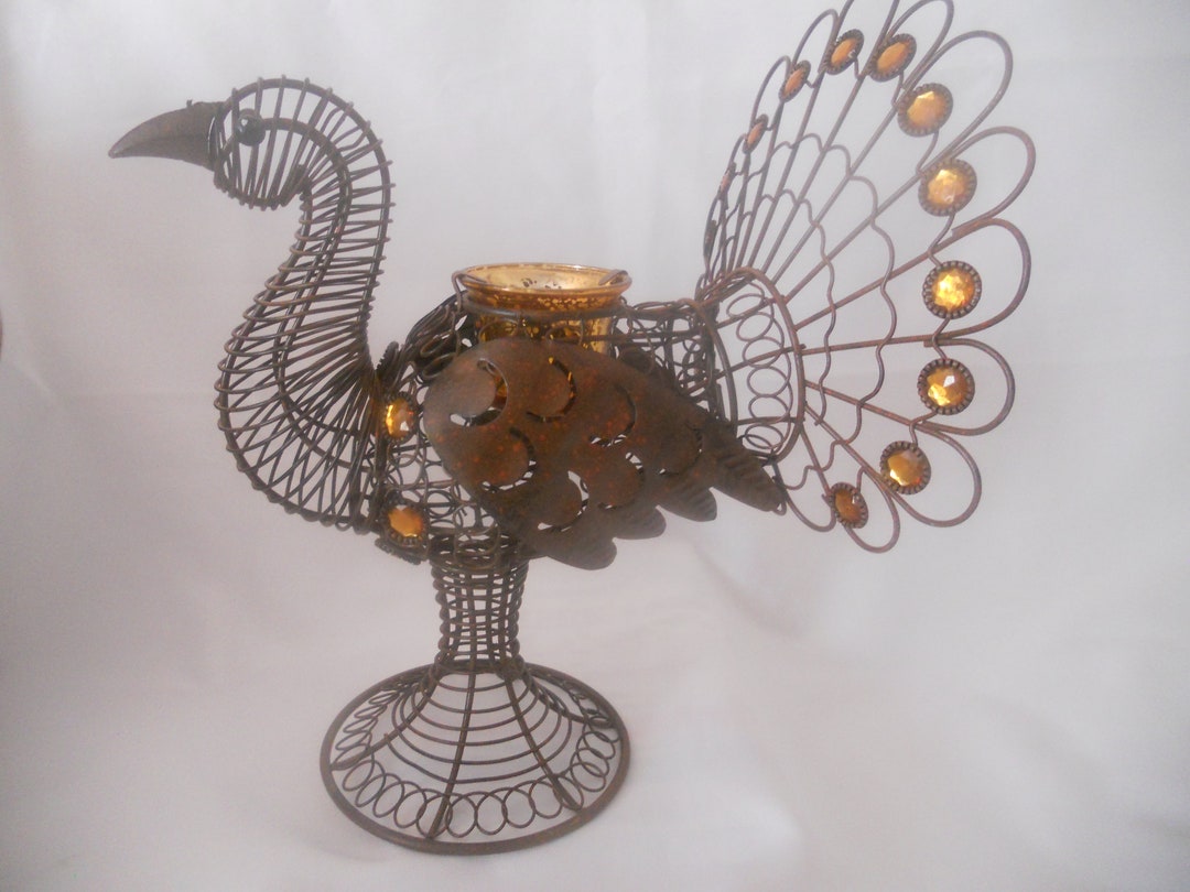 Vintage Metal Wire Peacock Candle Holder. Beaded Wire Peacock Figurine ...