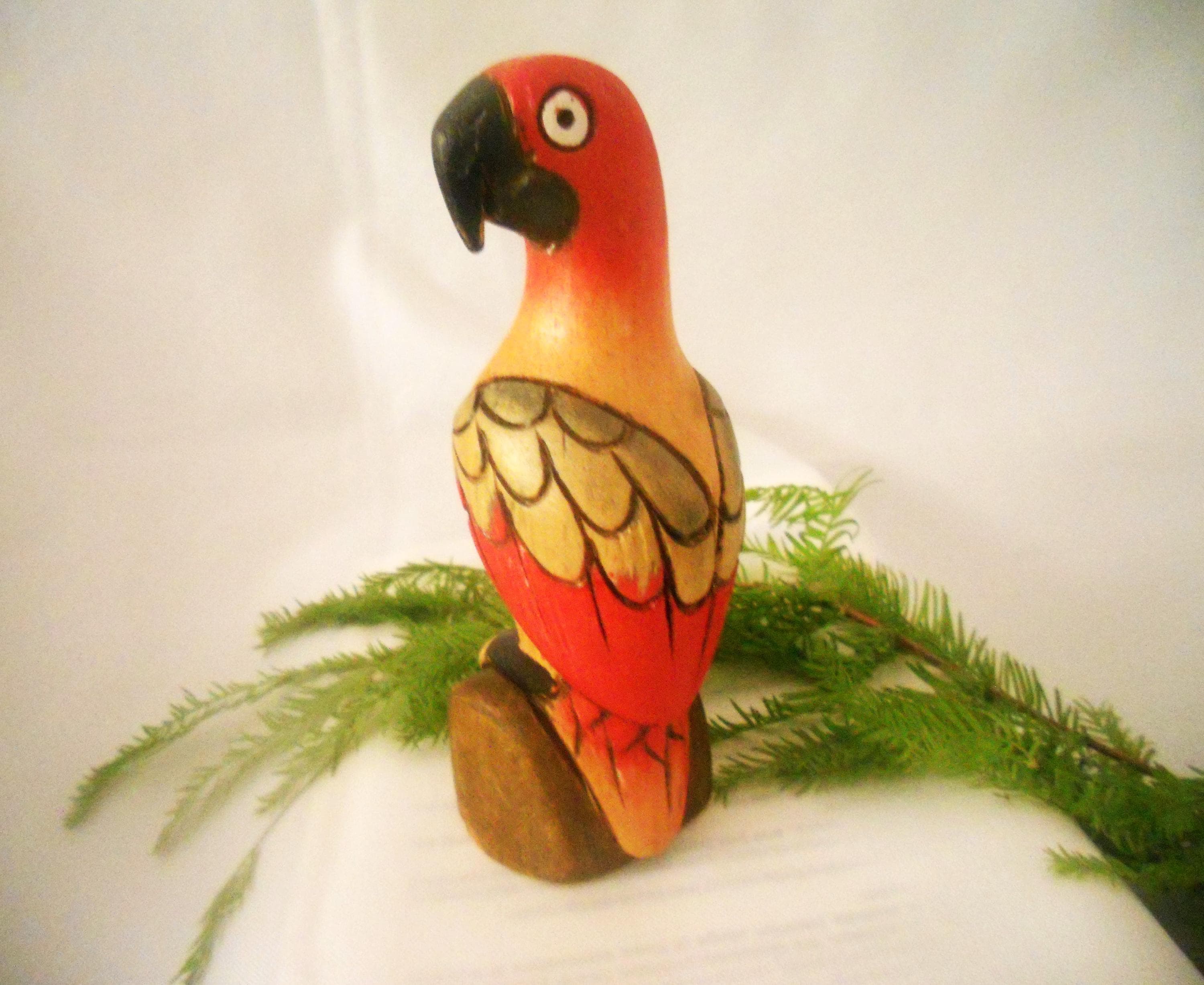 Hand Carved Wooden Parrot. 6''tall Hand Painted Wood Animal Sculpture ...