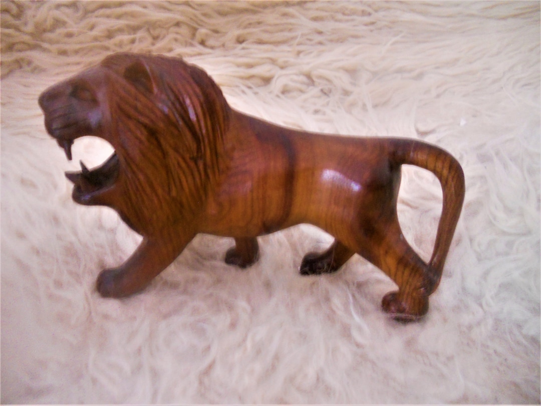 Vintage Wood Lion Figurine. Hand Carved Wooden Lion Statue. Wooden ...
