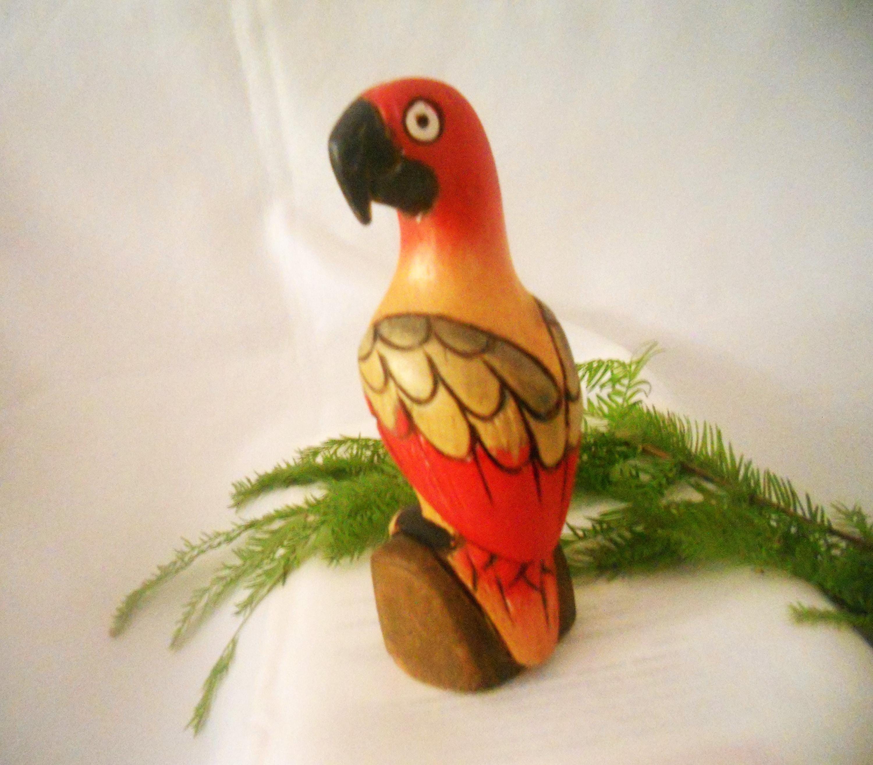 Hand Carved Wooden Parrot. 6''tall Hand Painted Wood Animal Sculpture ...