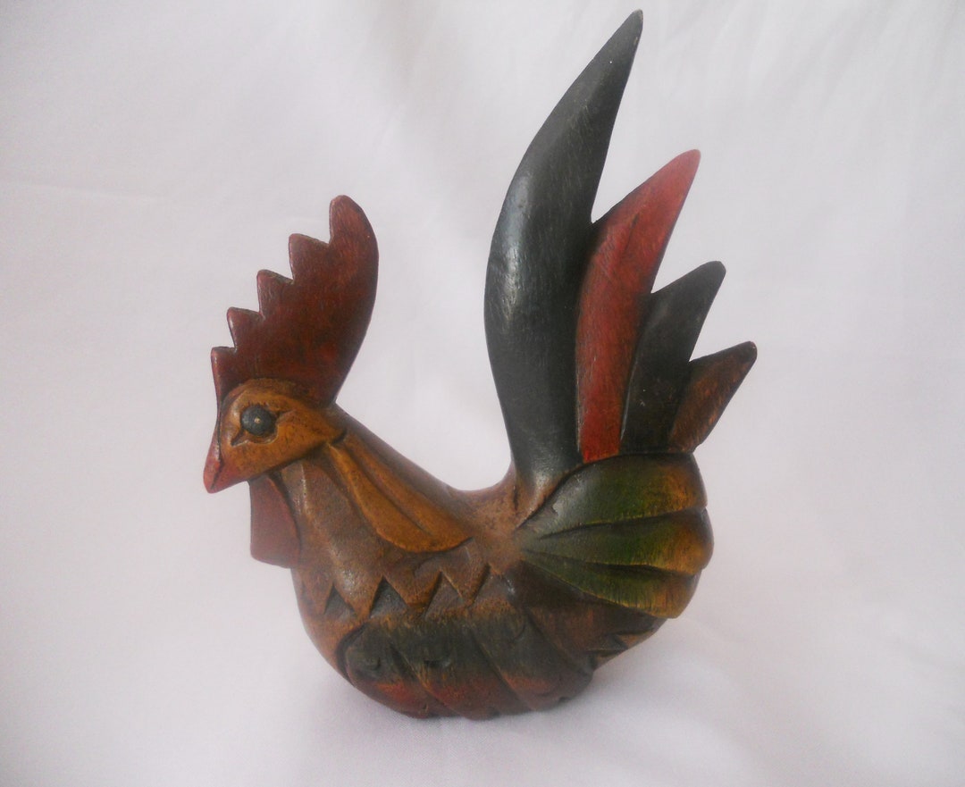 Vintage Wood Rooster Figurine. Hand Made Hand Painted Wood Animal Art ...