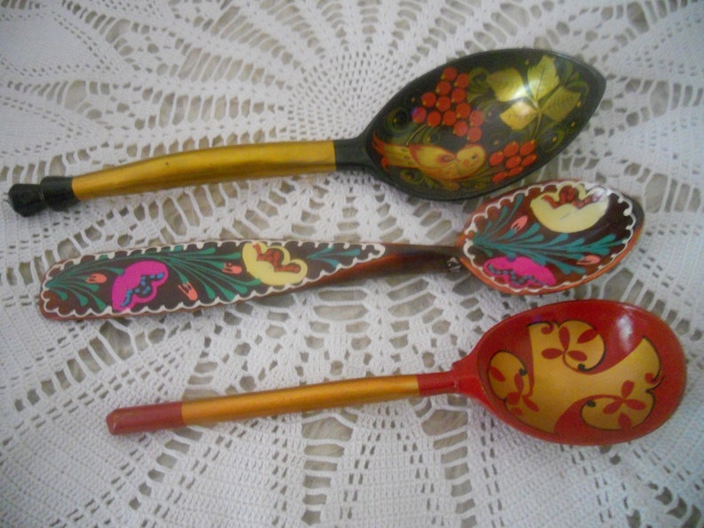Vintage Russian Wooden Spoons Set of Three.decorative Wood - Etsy