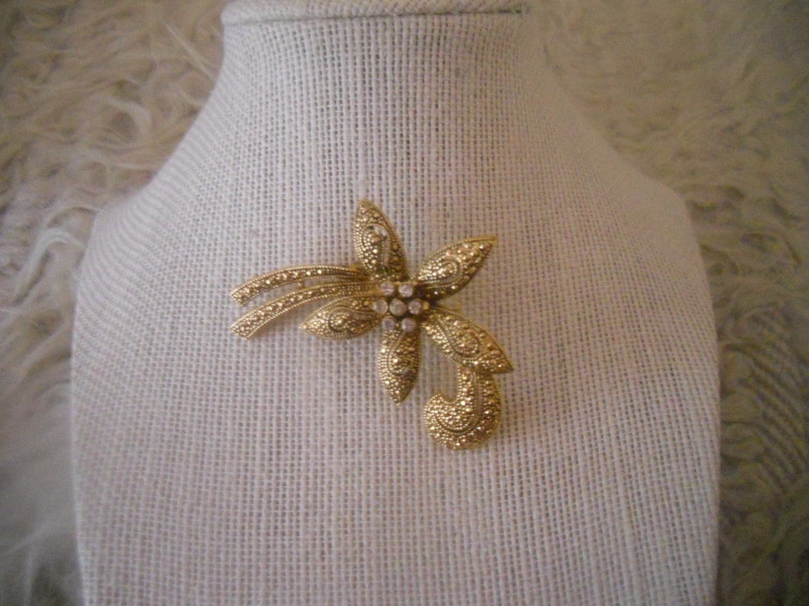 Large 2.5 Inches Gold Metal Flower Brooch With Rhinestones. | Etsy