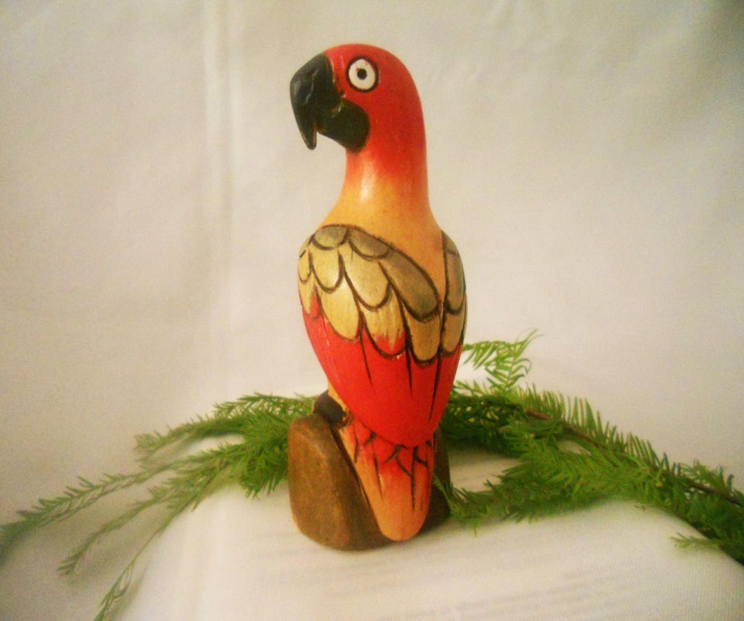 Hand Carved Wooden Parrot. 6''tall Hand Painted Wood Animal Sculpture ...