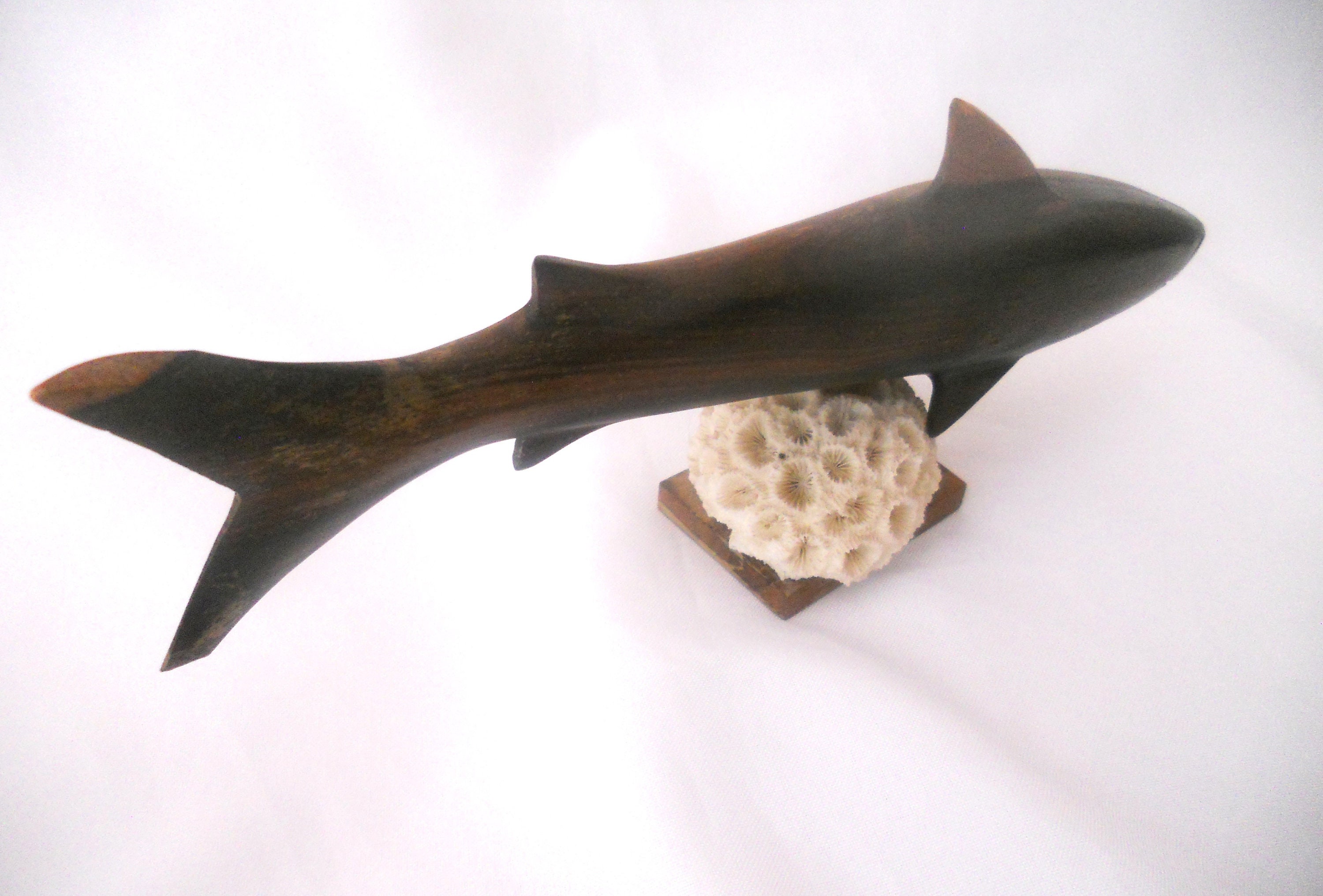 Vintage Wood Shark Figurine on Coral Stand. Collectible Wooden Shark ...