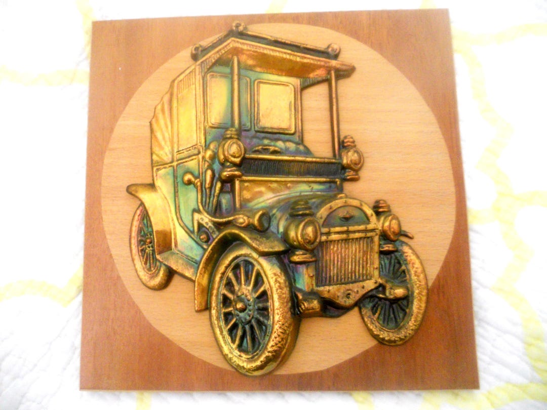 Car Metal Art. Antique Car Wall Plaque Stamping Copper on Wood. Soviet ...