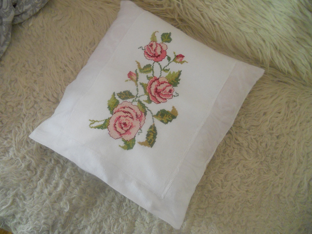Hand Embroidered Cross Stitch Pillow Case With Roses. Decorative Unique ...