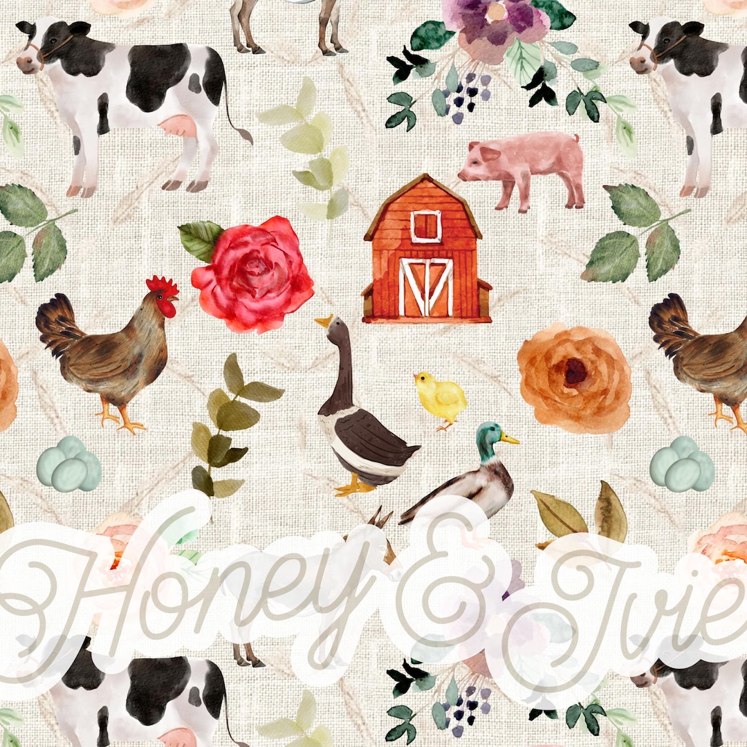 Burlap Floral Farm Animals. Seamless File. Digital Pattern. Farm. Goose ...