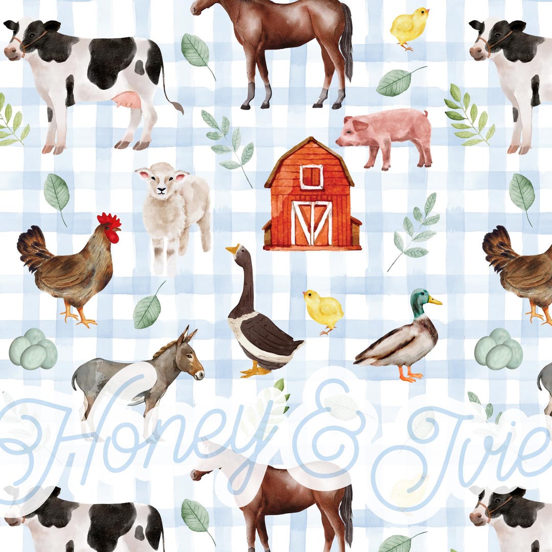 Blue Gingham Farm Animals. Seamless File. Digital Pattern. Farm. Goose ...