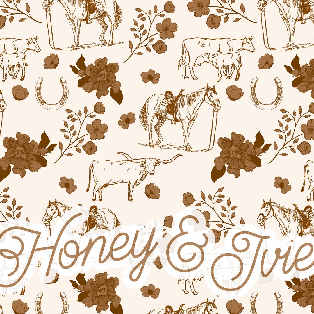 Floral Horse Toile De Jouy Brown on Buff. Seamless File. Seamless ...