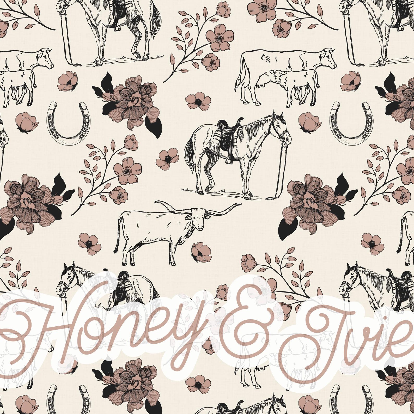 Floral Horse Toile De Jouy Fleur on Buff. Seamless File. Seamless ...
