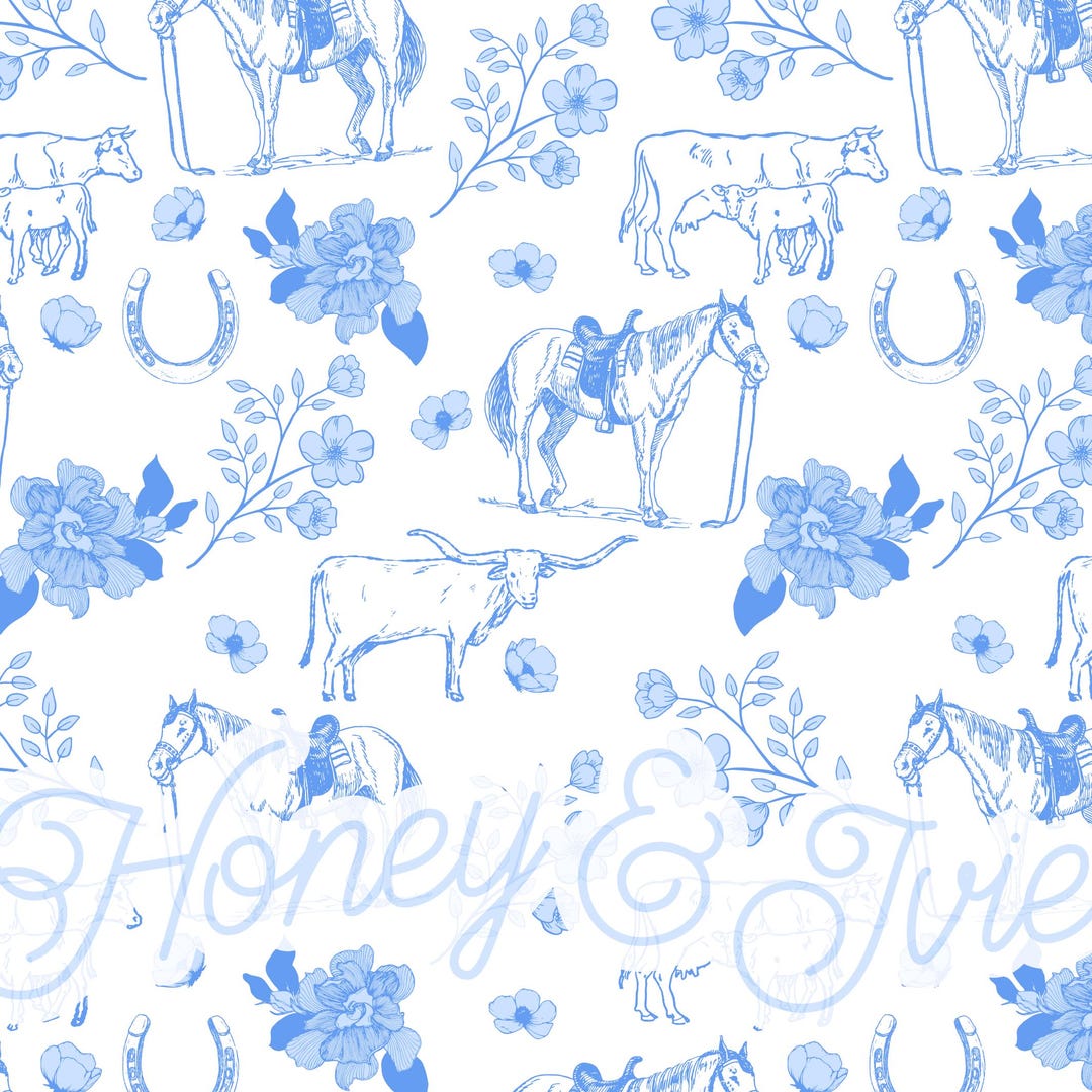 Floral Horse Toile De Jouy Classic Blue and White. Seamless Pattern ...