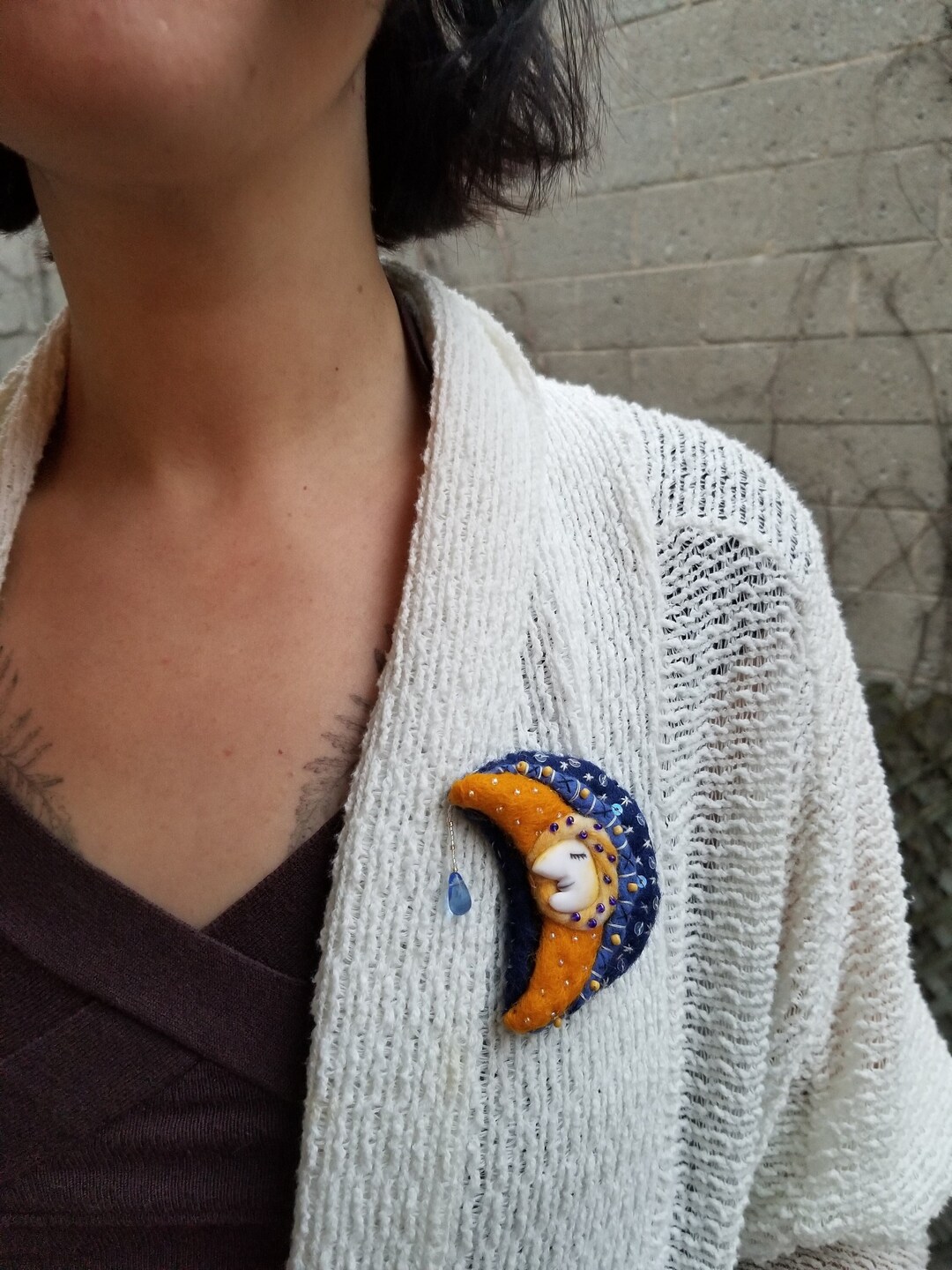 Moon at the Starry Night Felted Brooch, One of a Kind Magical Handmade ...