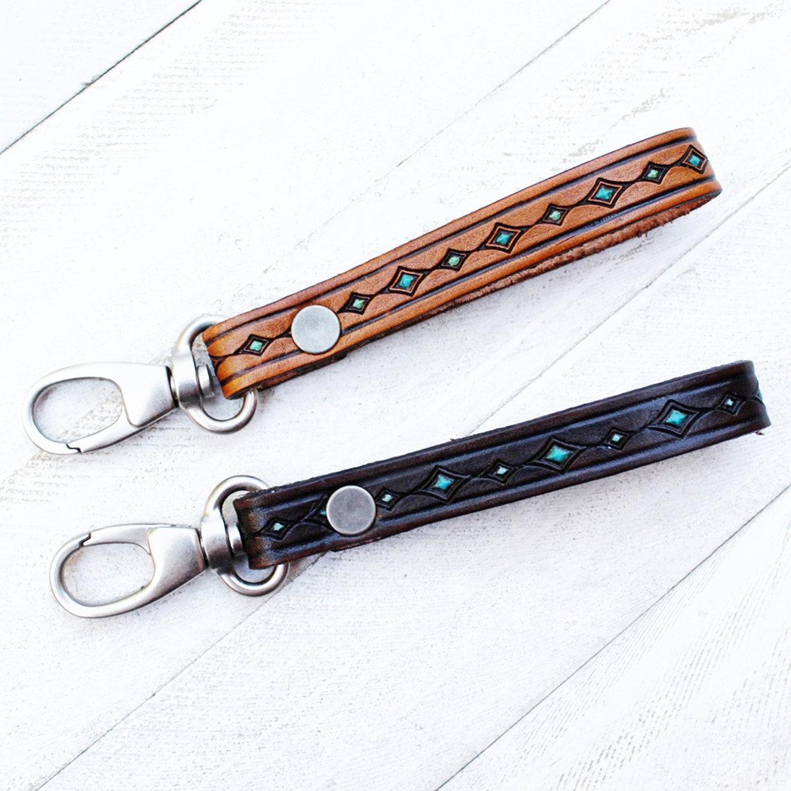 Hand Painted Blue Diamond Tooled Leather Keychain | Western Leather Key ...