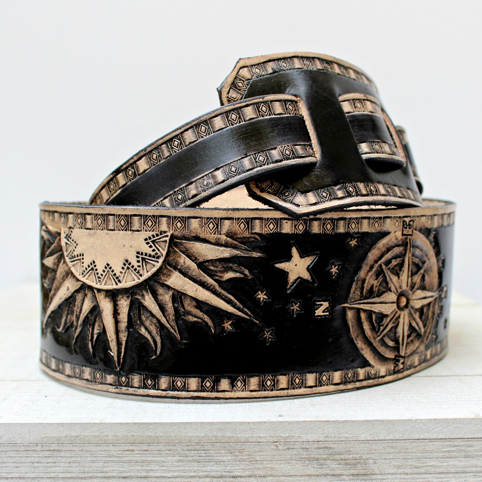 Tooled Southwestern Compass Rose, Moon, Sun Black Leather Guitar Strap ...