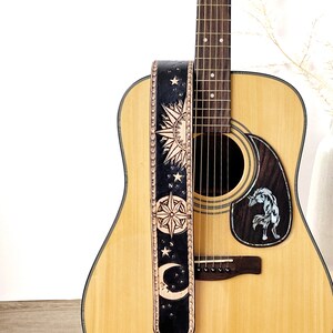 Tooled Southwestern Compass Rose, Moon, Sun Black Leather Guitar Strap ...