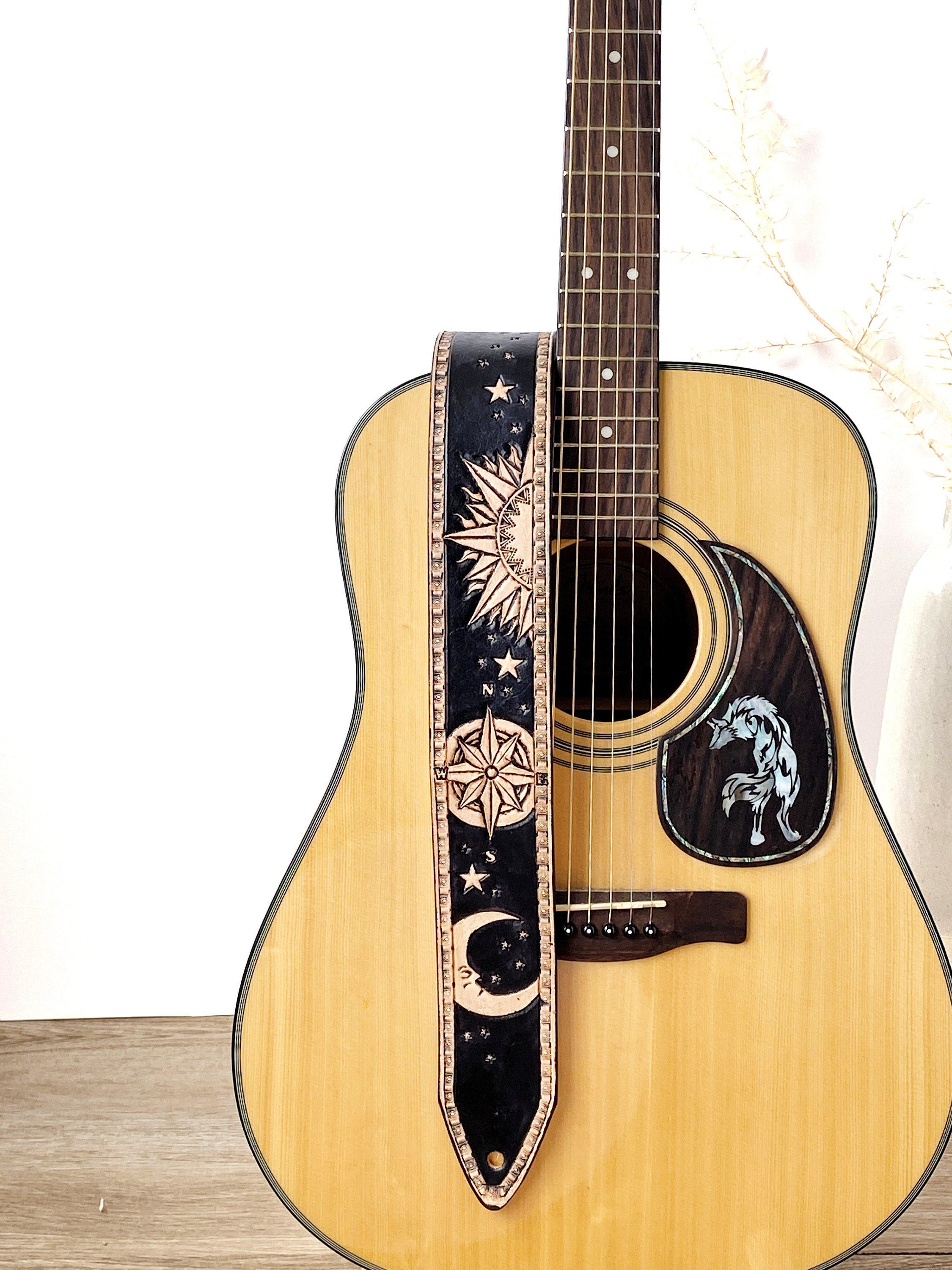Tooled Southwestern Compass Rose, Moon, Sun Black Leather Guitar Strap ...