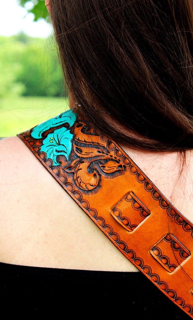 Turquoise Lily Flower Leather Guitar Strap - Hand Tooled & Adjustable ...