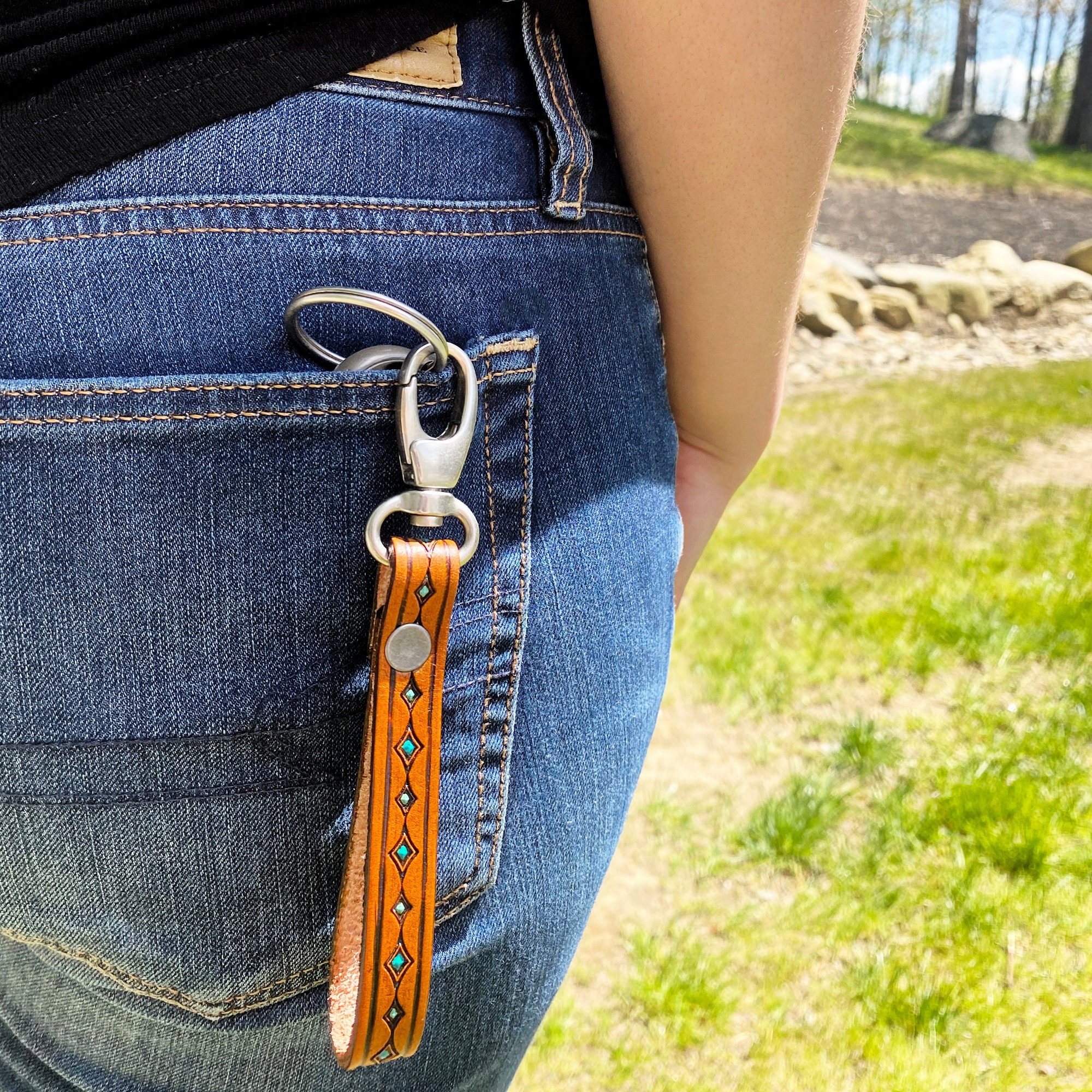 Hand Painted Blue Diamond Tooled Leather Keychain Western - Etsy