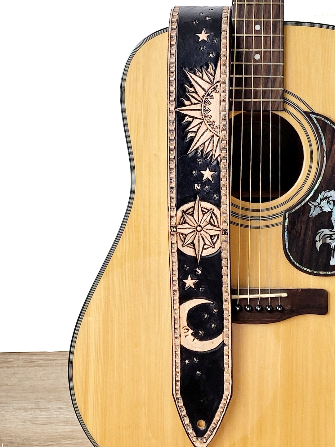 Tooled Southwestern Compass Rose, Moon, Sun Black Leather Guitar Strap ...
