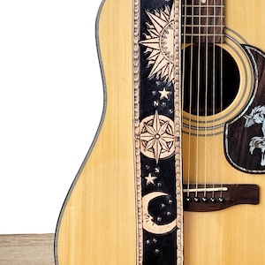 Tooled Southwestern Compass Rose, Moon, Sun Black Leather Guitar Strap ...