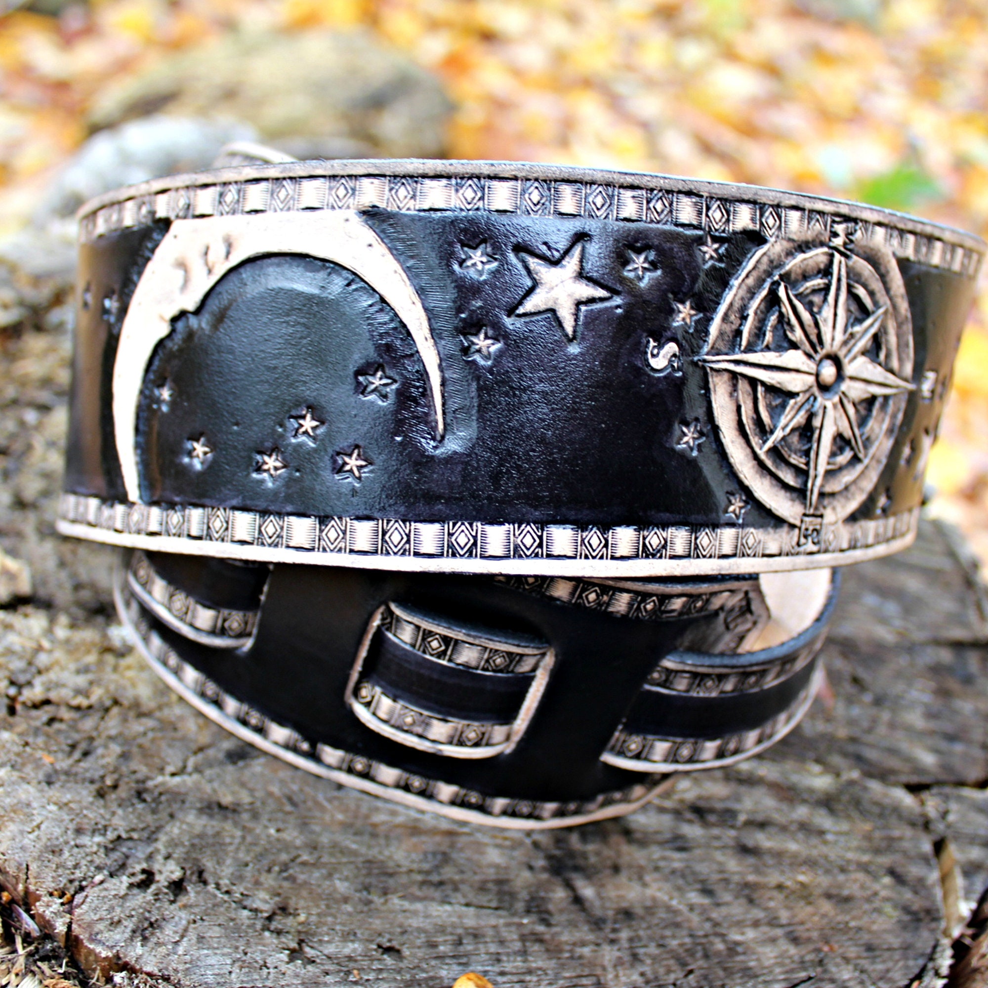 Tooled Southwestern Compass Rose, Moon, Sun Black Leather Guitar Strap ...