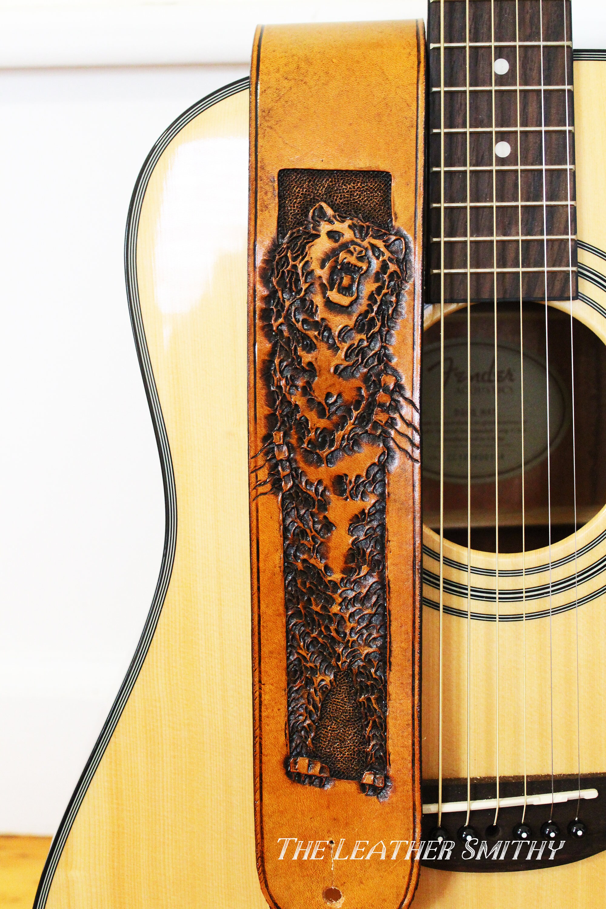 Grizzly Bear Leather Guitar Strap, Hand Tooled Adjustable Electric and ...