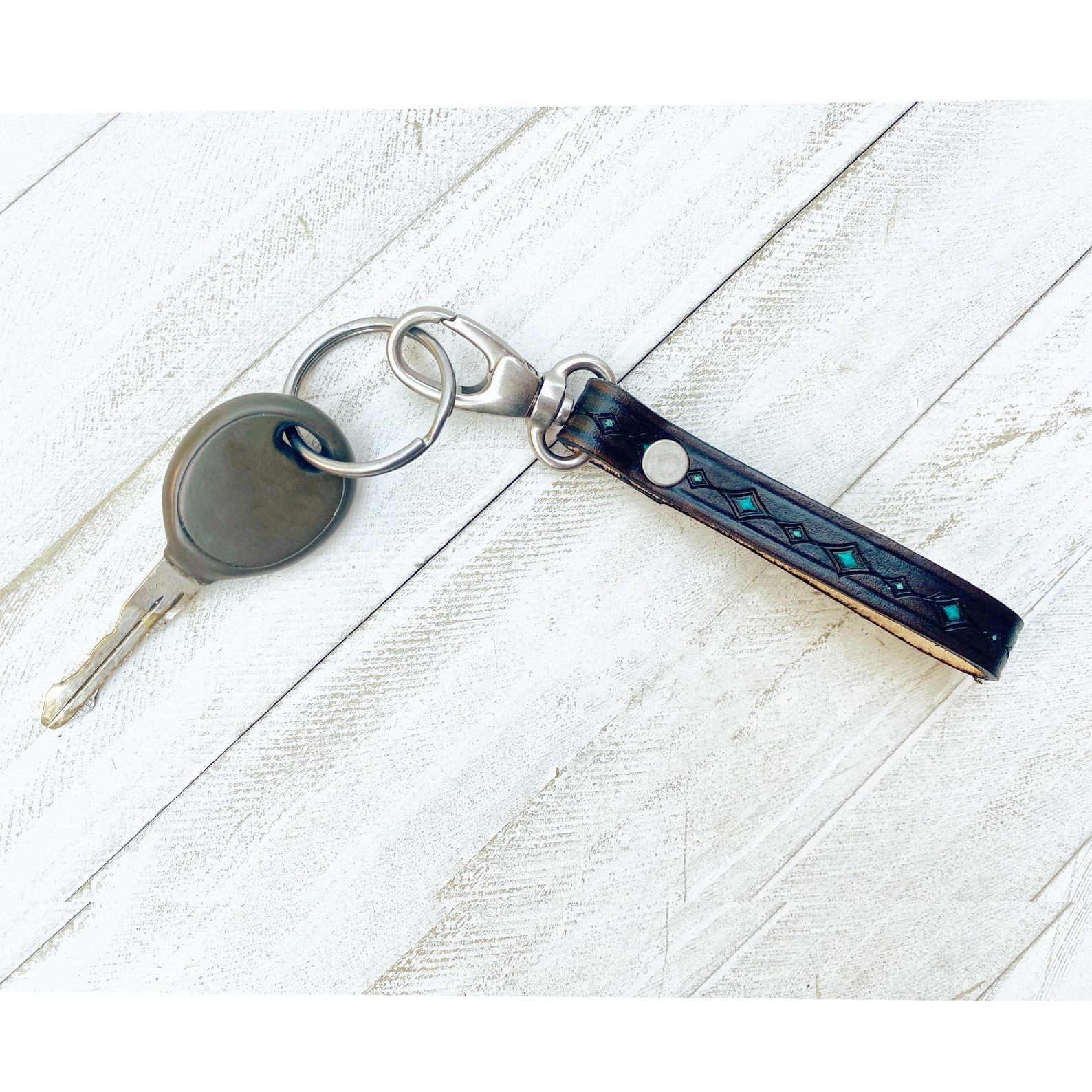 Hand Painted Blue Diamond Tooled Leather Keychain Western - Etsy