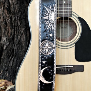 Tooled Southwestern Compass Rose, Moon, Sun Black Leather Guitar Strap ...