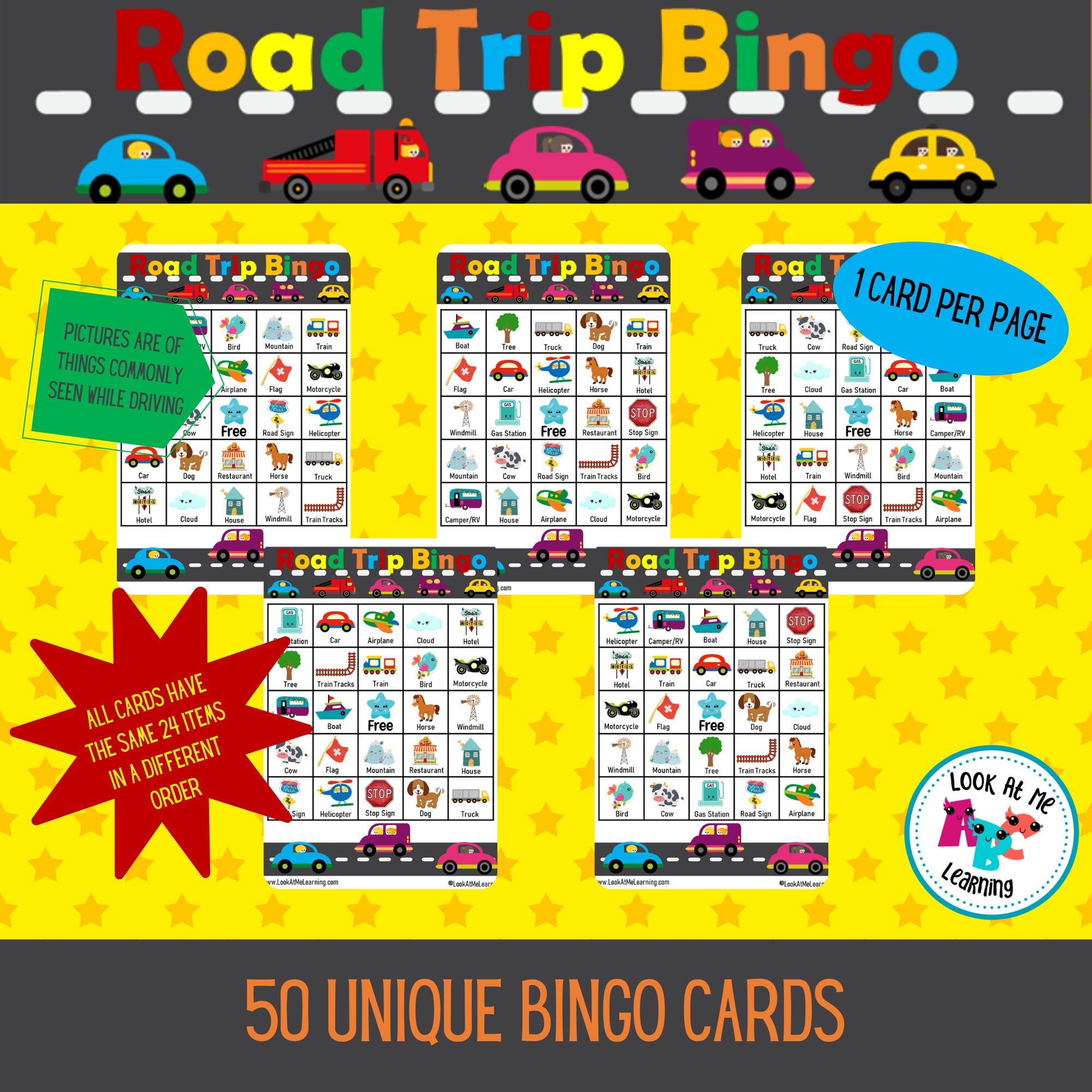 Road Trip Bingo 50 Printable Bingo Cards Printable Game for Car Trips ...