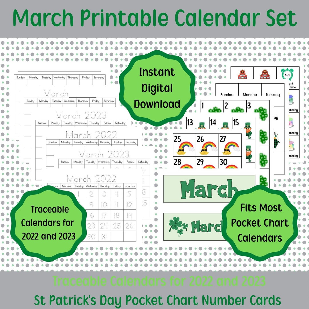 March Classroom Calendar Set St Patrick's Day Pocket Chart Number Cards ...
