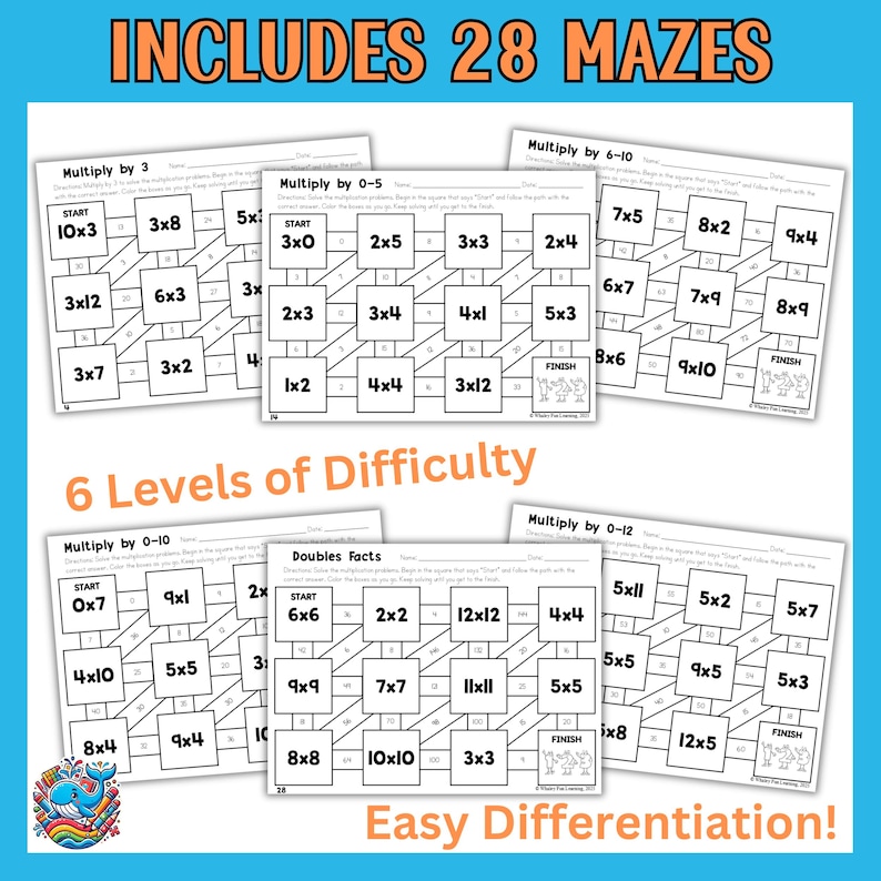 Multiplication Facts Mazes 28 Unique Printable Mazes for Basic ...