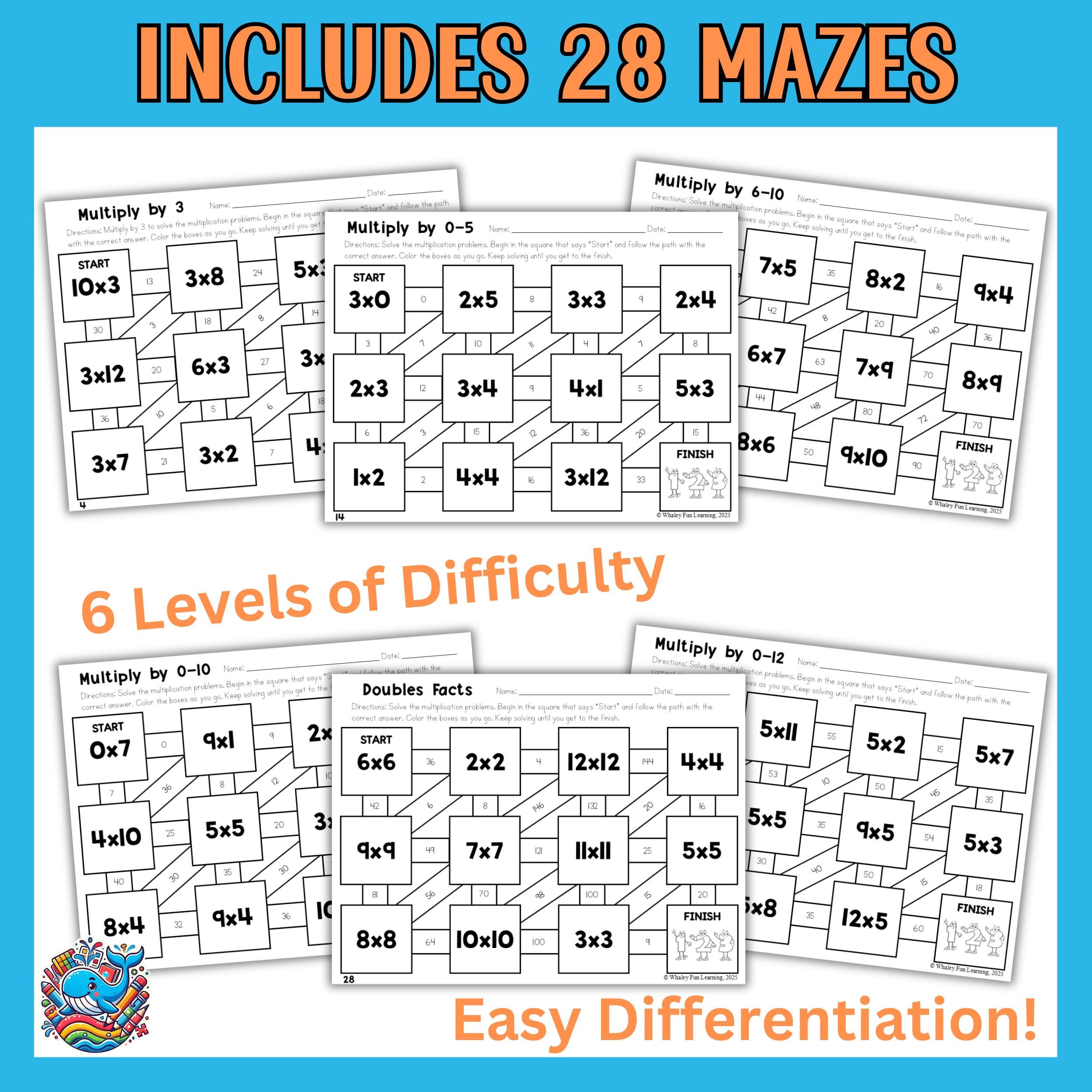 Multiplication Facts Mazes 28 Unique Printable Mazes for Basic ...