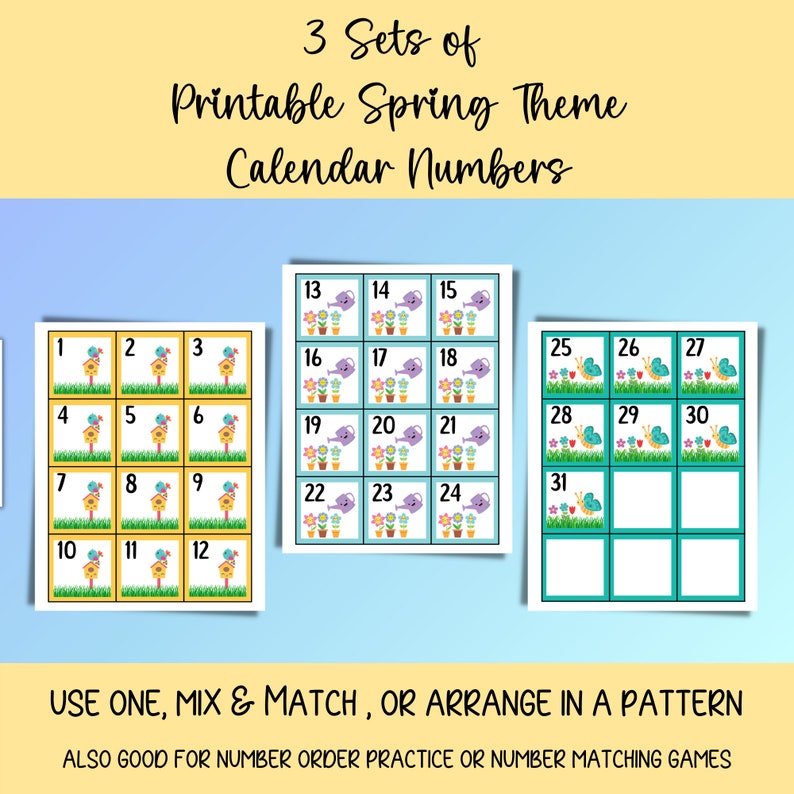 May Calendar Numbers Spring Theme for Pocket Chart Number Cards for ...