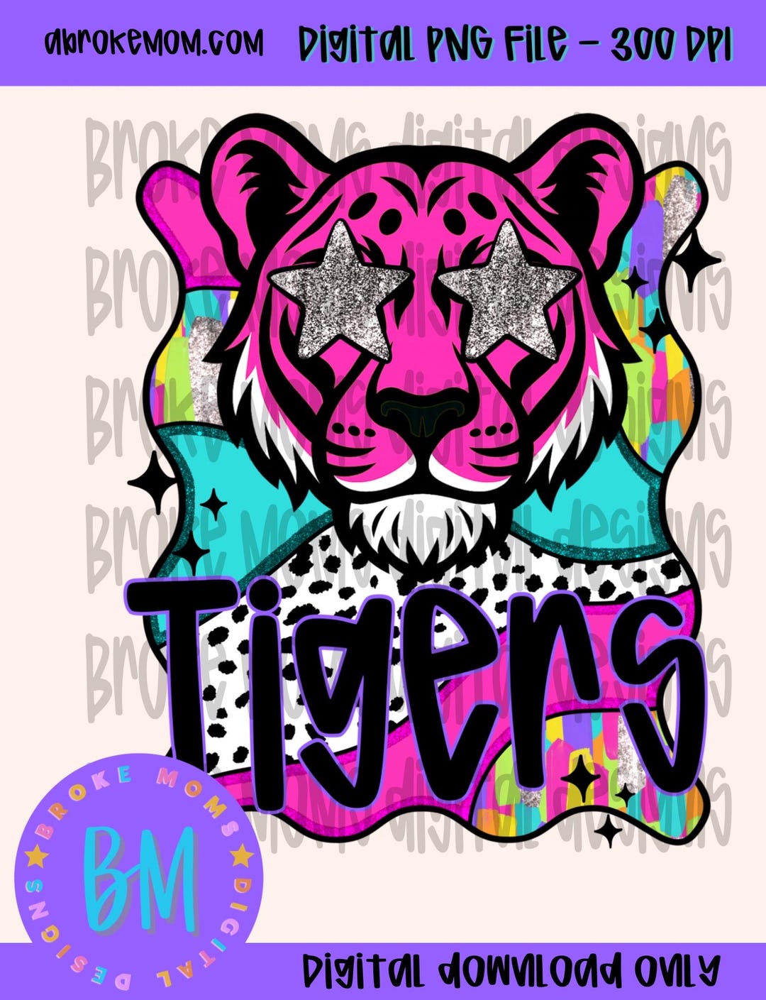 Tiger Mascot PNG, Pink Glitter Star Tigers File, Team Spirit Digital - Etsy
