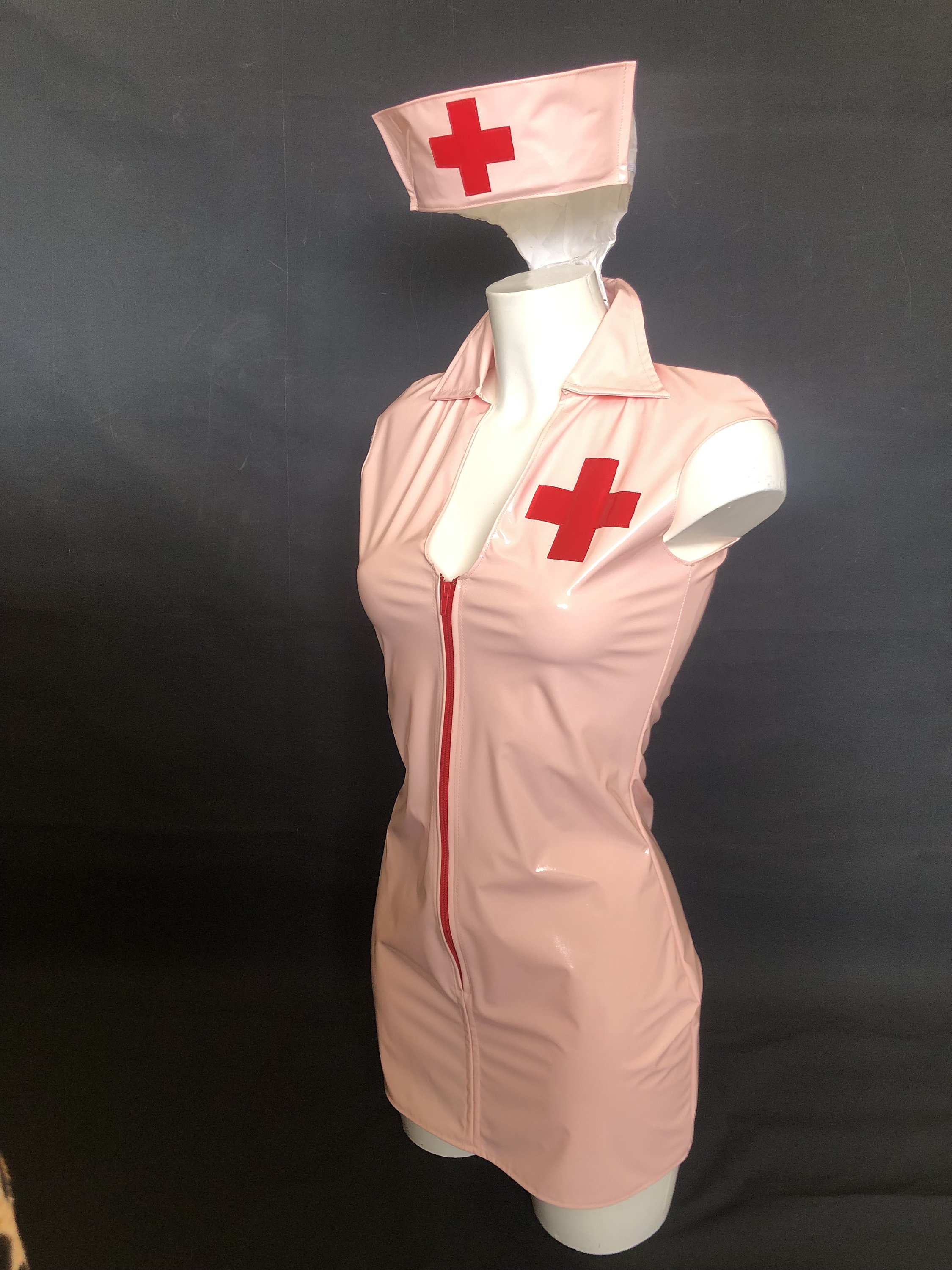 Blush Pink Pvc Nurse Uniform,outfit,costume, Dress With Hat - Etsy