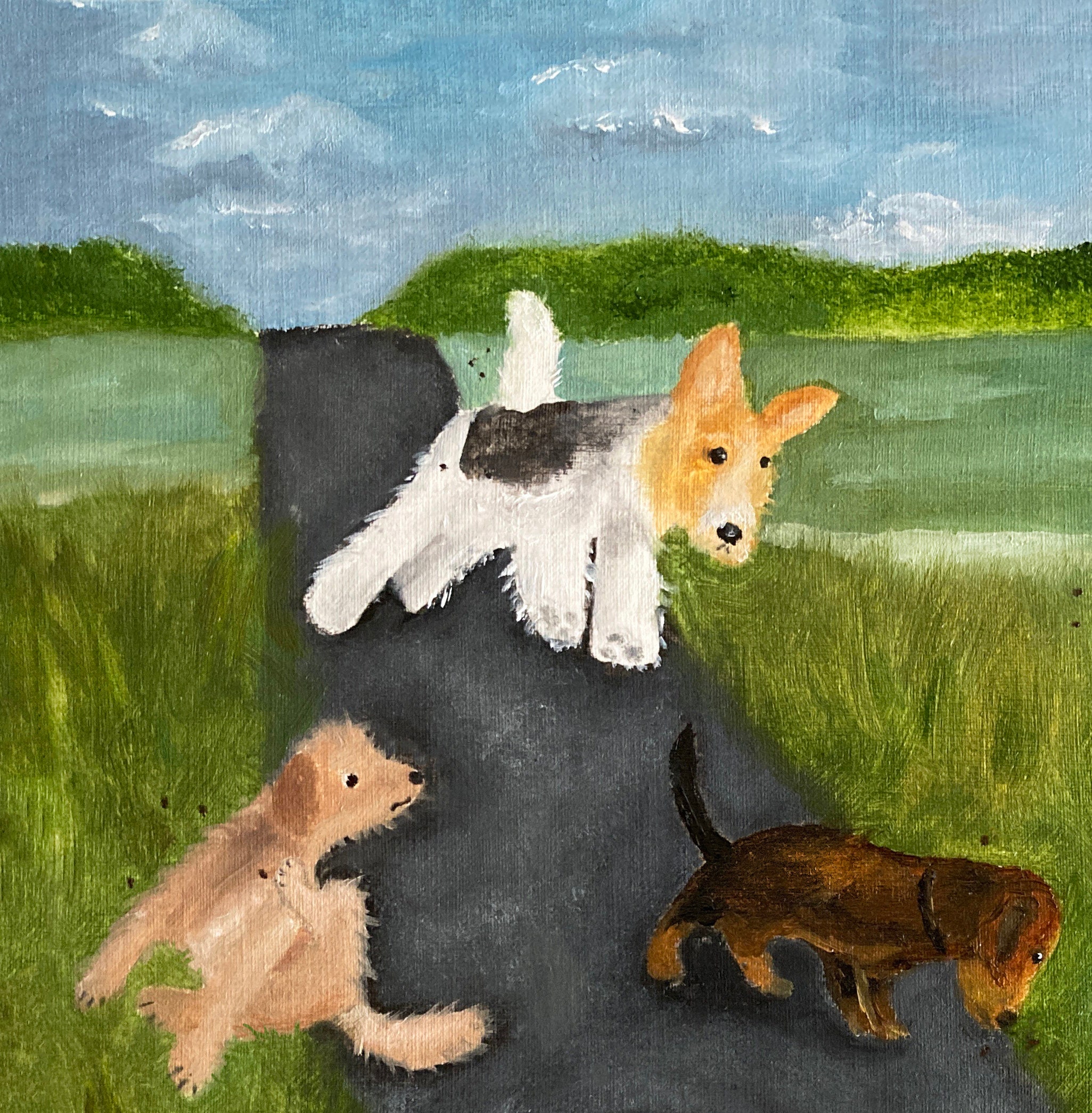 Whimsical Print of Dogs Fleeing Fleas in Grass, Dog Lover Gift ...