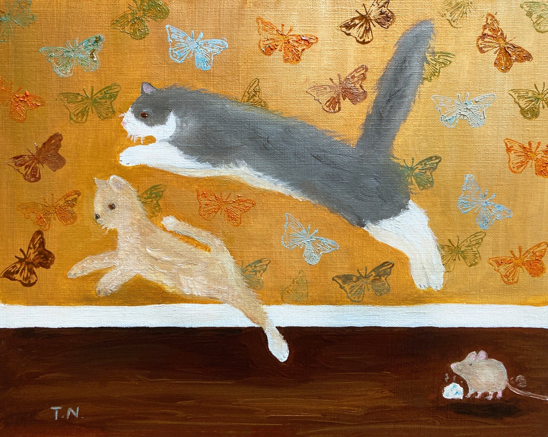 Cat and Mouse Original Art Print, Whimsical Wall Art, Framed Naive Cat ...