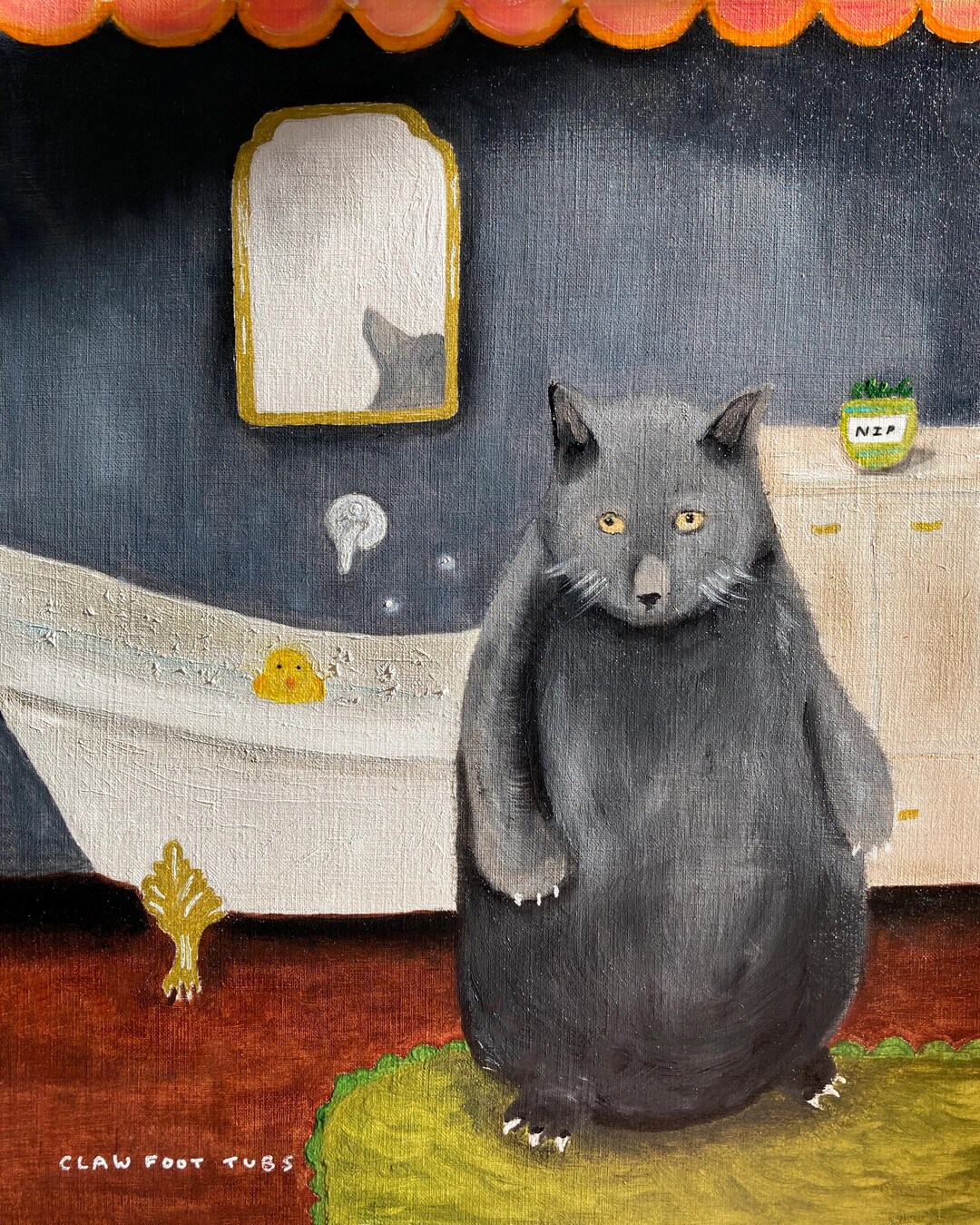 Whimsical 8x10" Print of a Large Grey Cat and a Ducky in a Clawfoot Tub ...