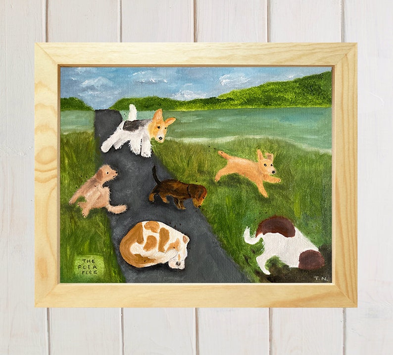 Whimsical Print of Dogs Fleeing Fleas in Grass, Dog Lover Gift ...