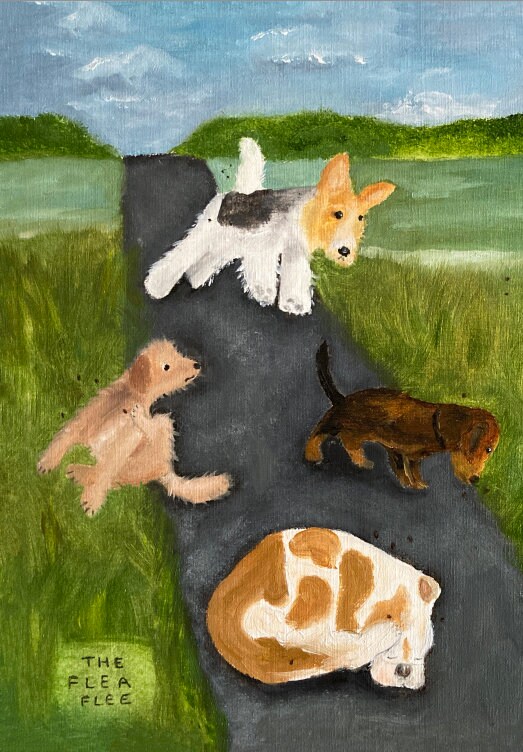 Whimsical Print of Dogs Fleeing Fleas in Grass, Dog Lover Gift ...