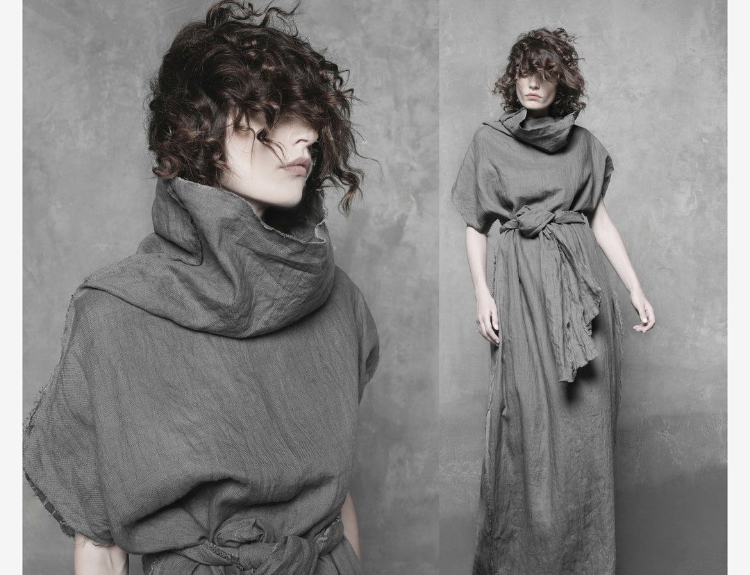 Grey Linen Turtleneck Caftan With Hand Distressed Raw Egdes Avant-garde ...