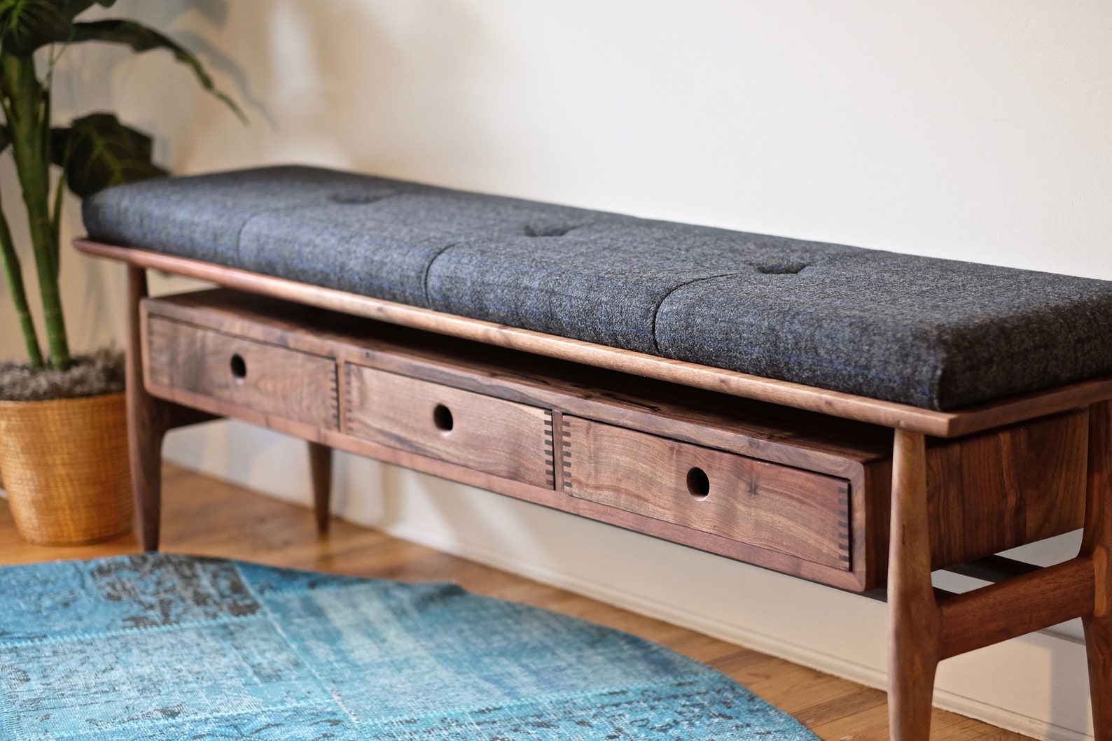 Upholstered Walnut Entryway Bench: Mid Century Modern Storage - Etsy